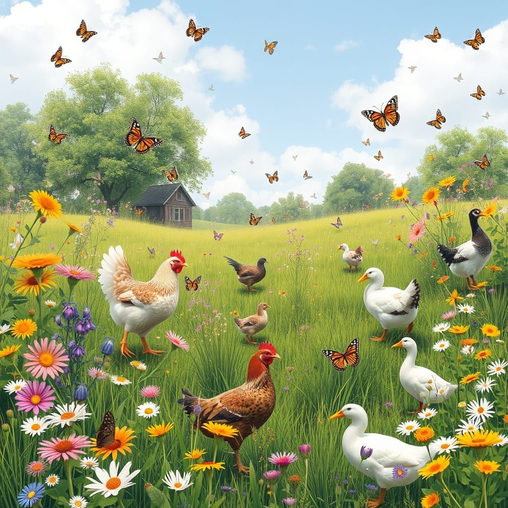 Vibrant Meadow Scene with Wildflowers, Butterflies... - AI Art