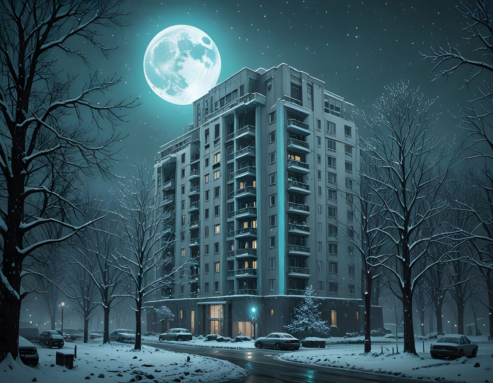 Midnight Settling - Winter Futurism Apartment Building Under...