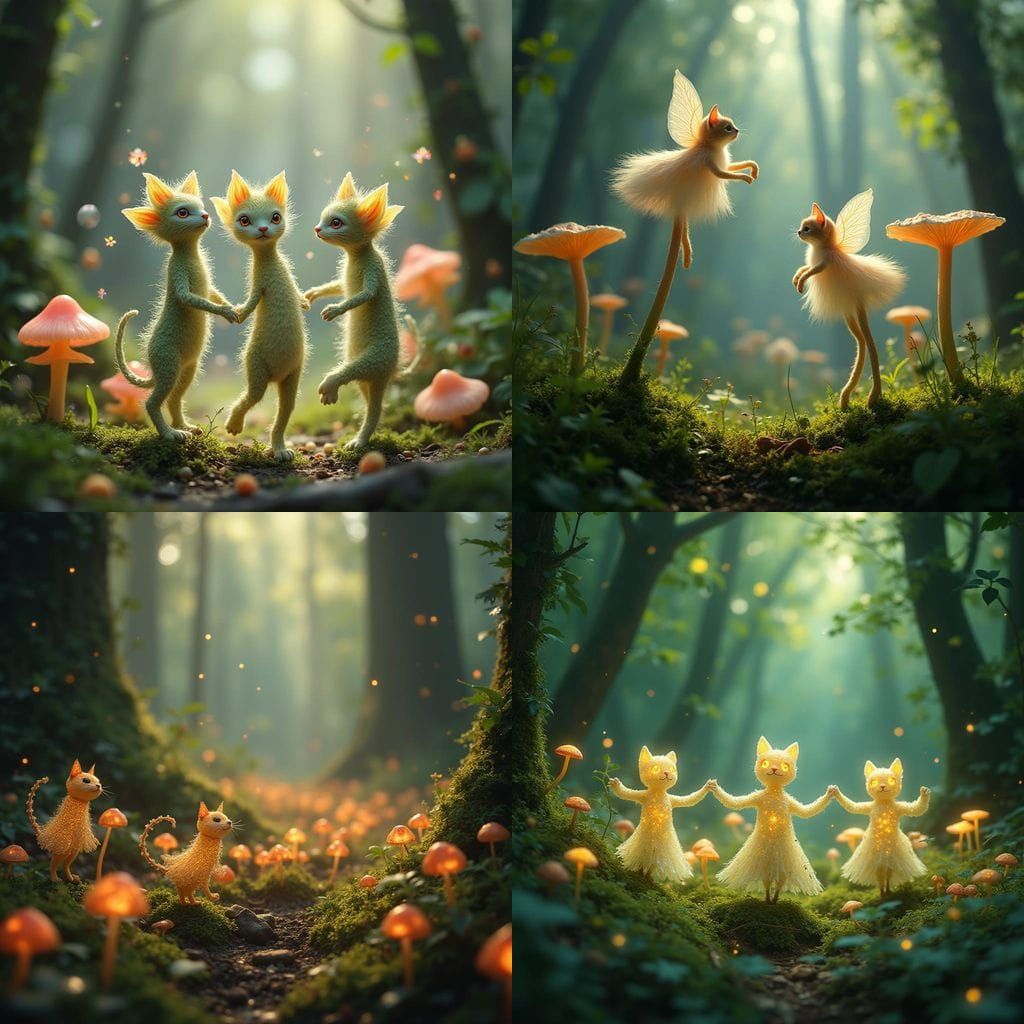 Microscopic Cat Fairies Dance in Enchanted Forest - AI Art