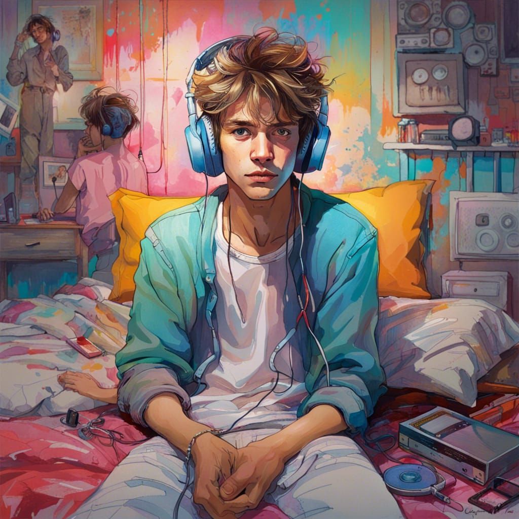 Portrait of gorgeous 80’s teenager listening Walkman sitting on bed in ...