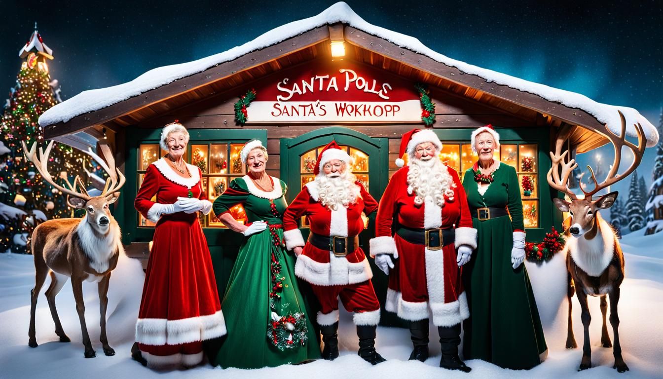 At Santa's Workshop In Snow Drifts Portrait of Santa Claus With Mrs ...