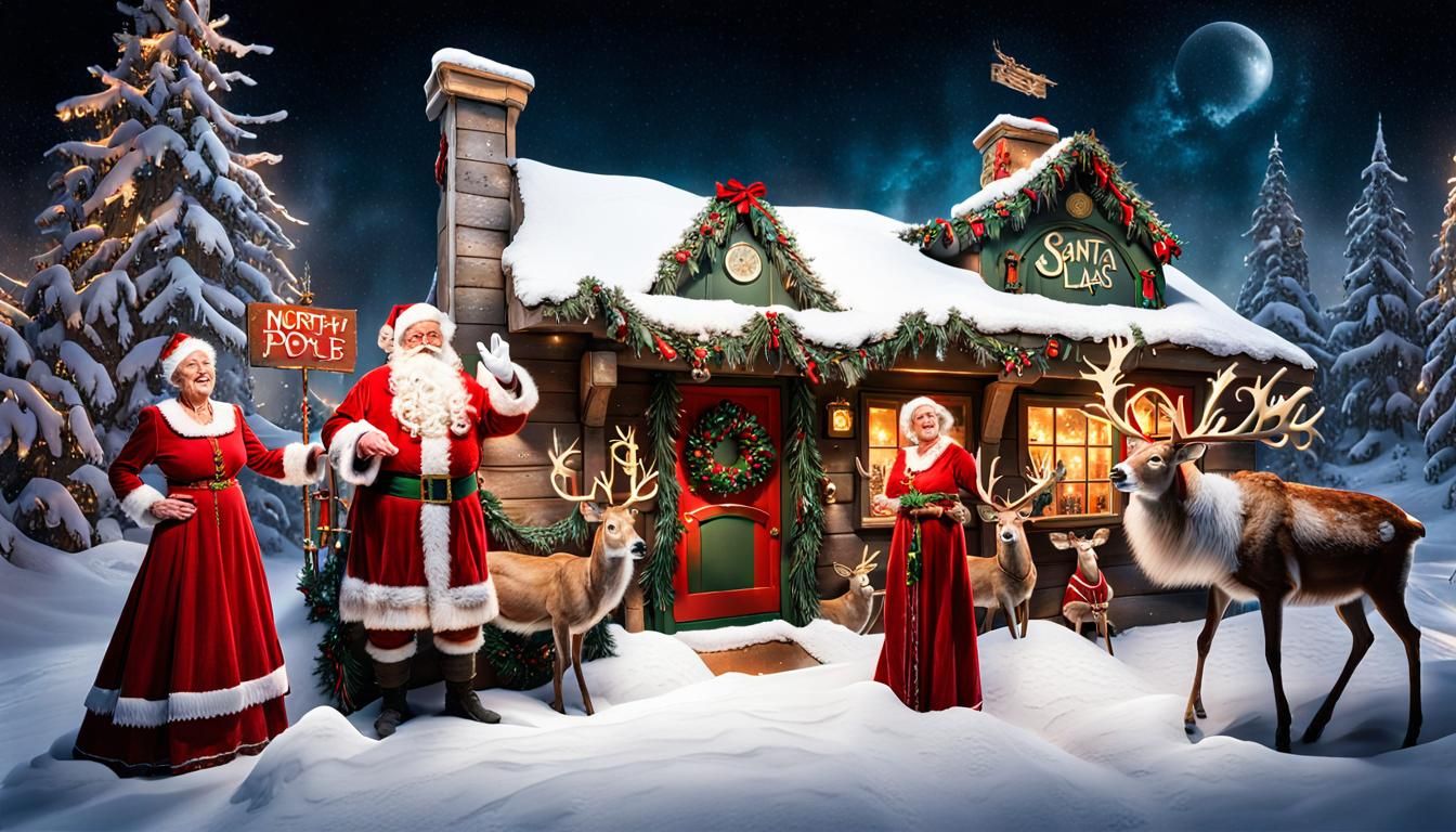 At Santa's Workshop In Snow Drifts Portrait of Santa Claus With Mrs ...