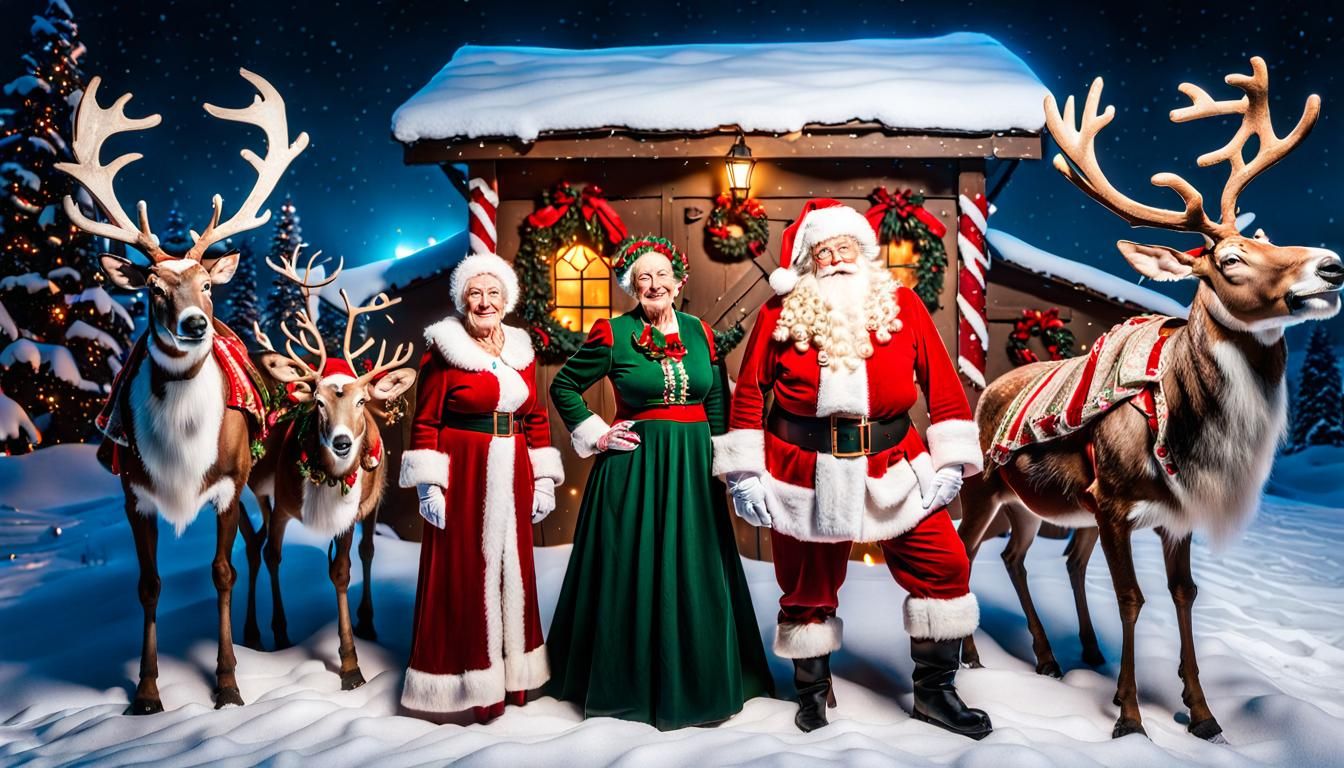 At Santa's Workshop In Snow Drifts Portrait of Santa Claus With Mrs ...