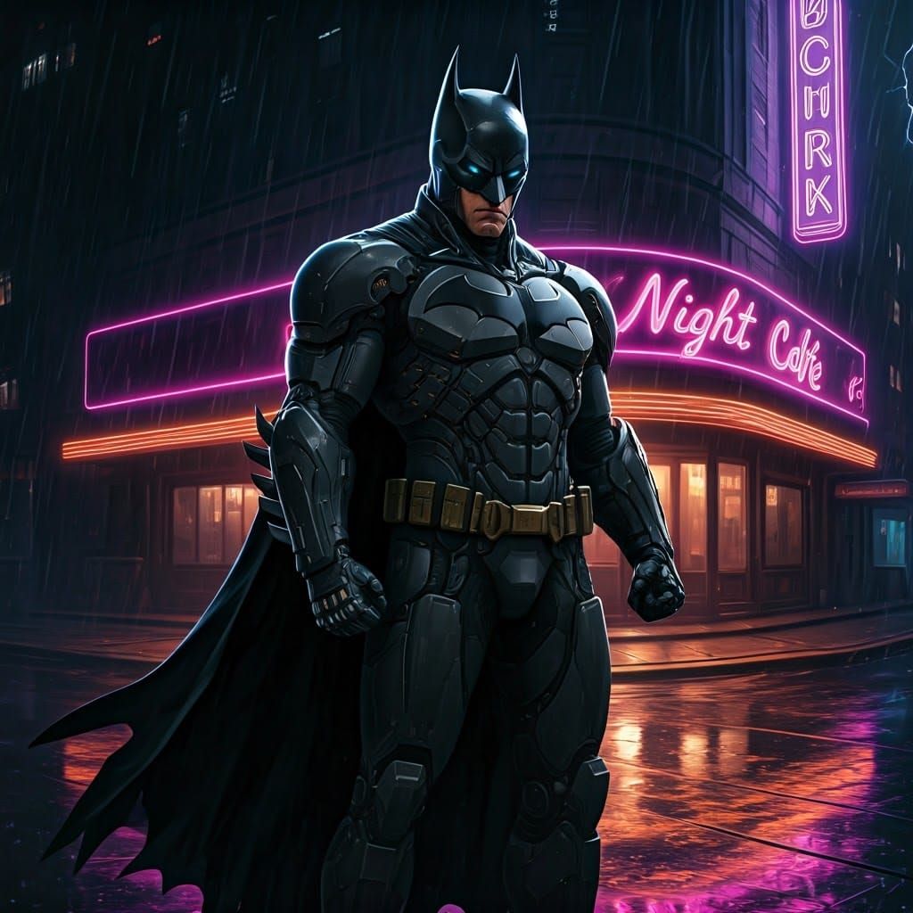 Cyborg Batman Stands Guard in a Futuristic Night C... - AI Art