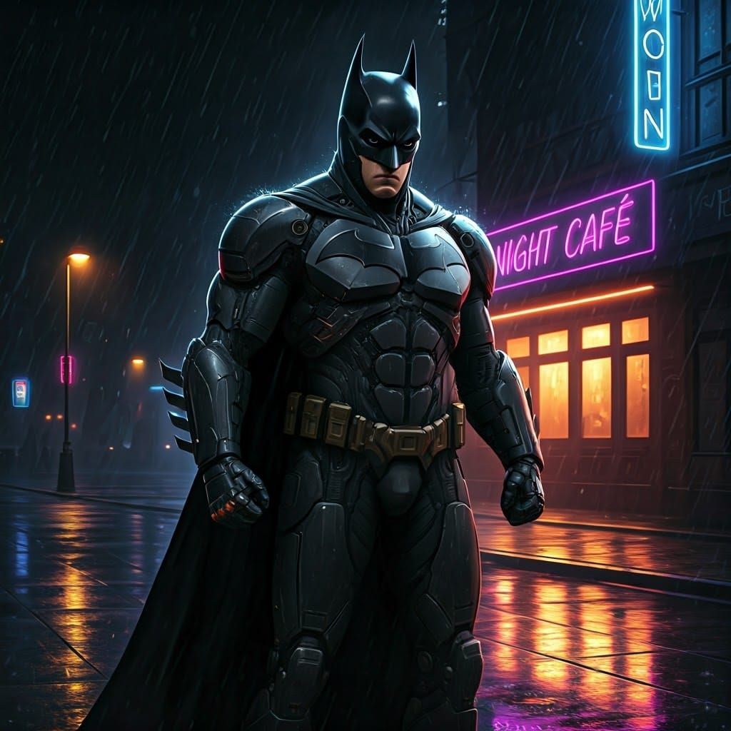 Cyborg Batman in Dark Futuristic Cityscape at Nigh... - AI Art