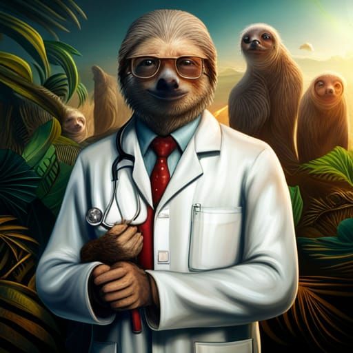 Sloth doctor, lab coat, glasses, stethoscope, 8k resolution, a ...