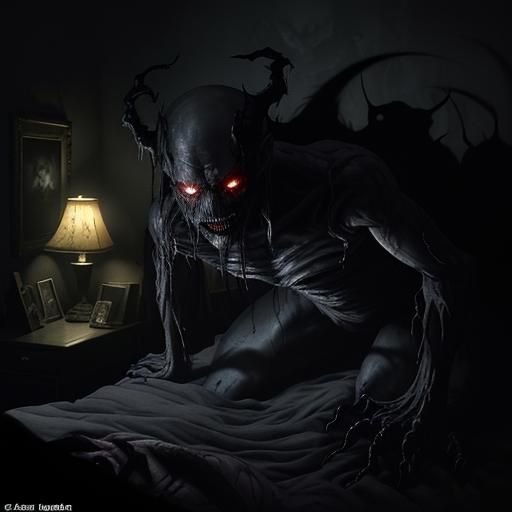 Night terror personified, monstrous entity emerging from the shadows ...