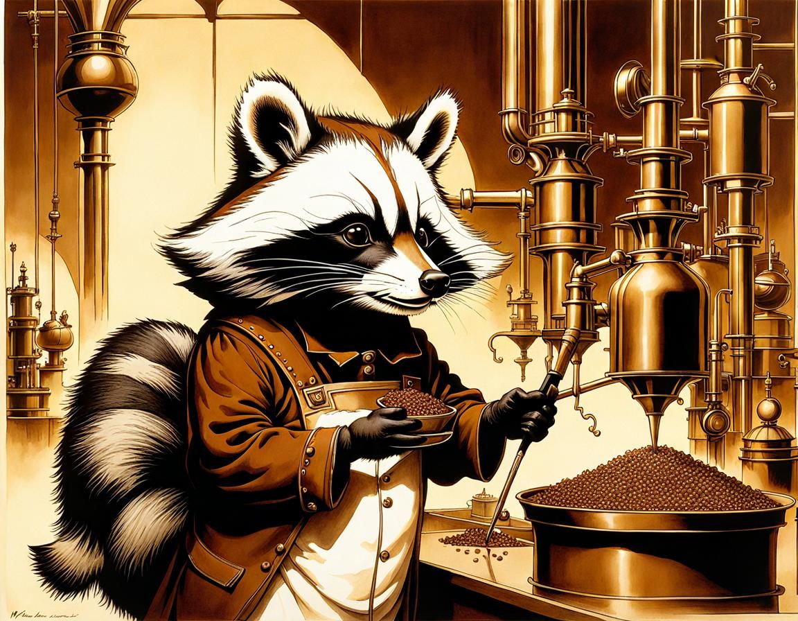 sweet racoon working in chocolate factory, pen and ink, fantasy by ...