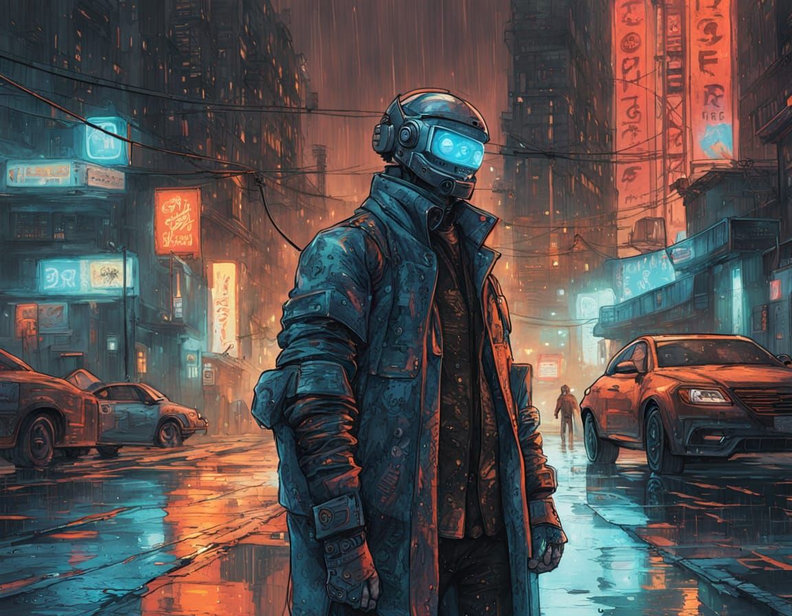 An old cyberpunk warrior, with intricately geared limbs and weathered ...