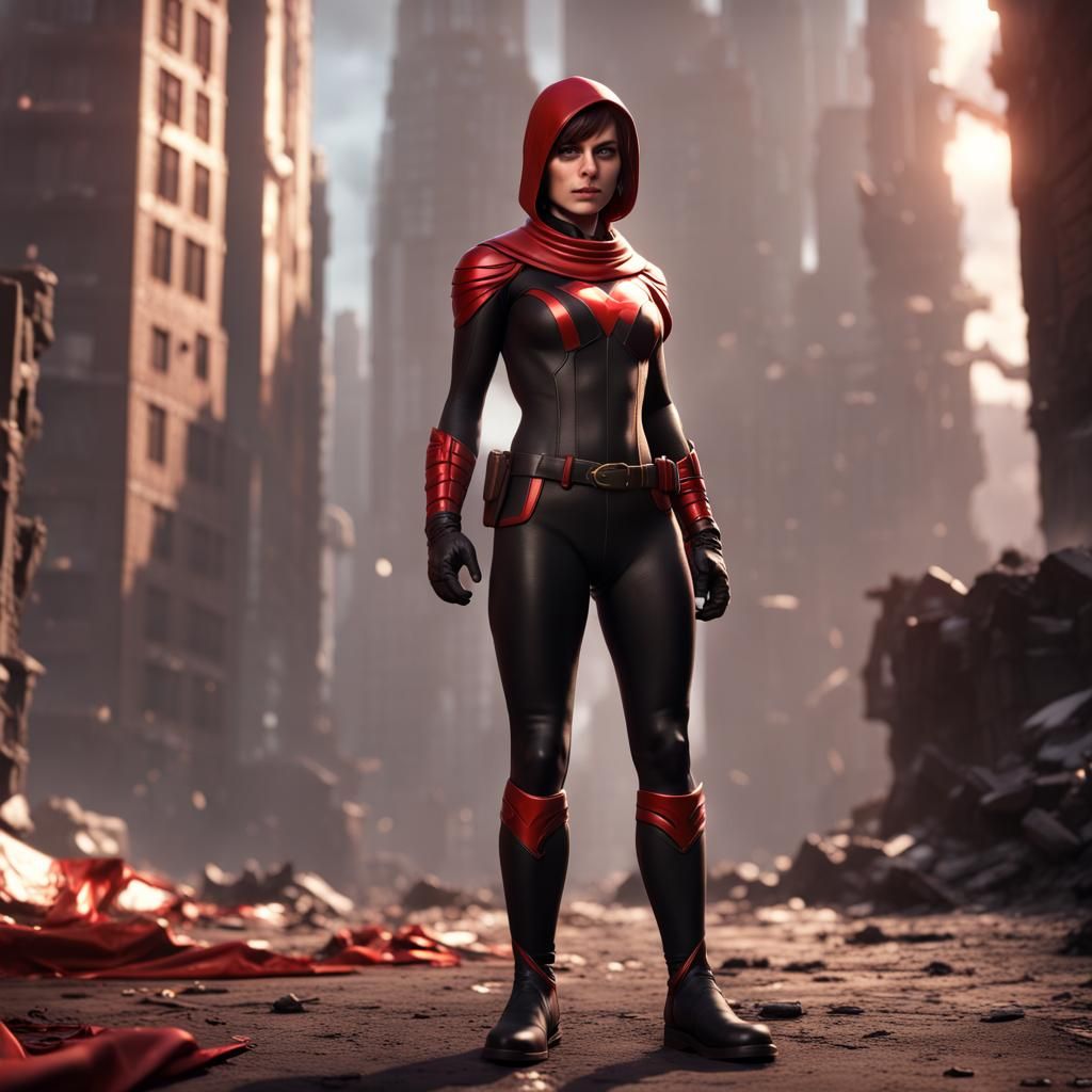 A full body picture of a petite female super-hero with short brown hair ...