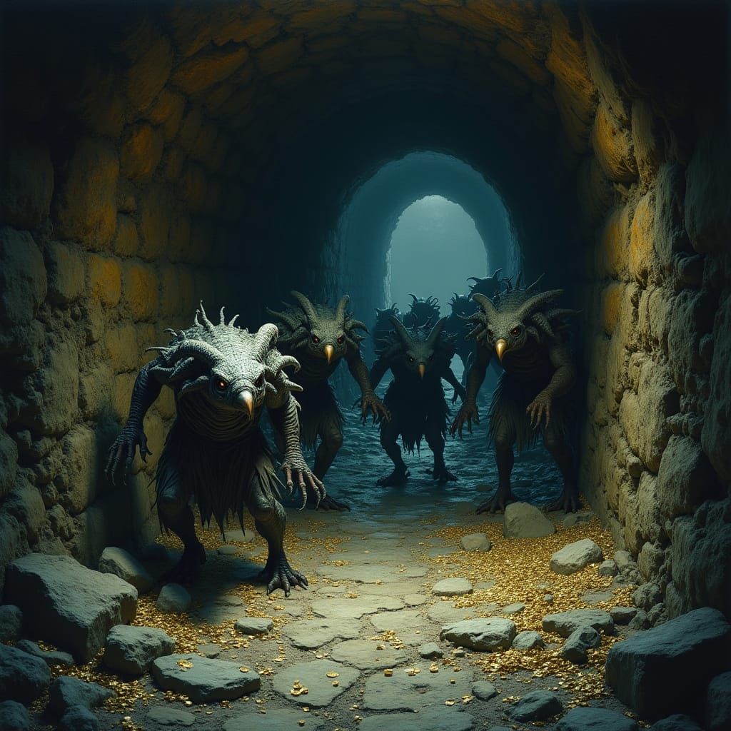 Dark Fantasy Cave with Vulture Humanoids Rampaging... - AI Art