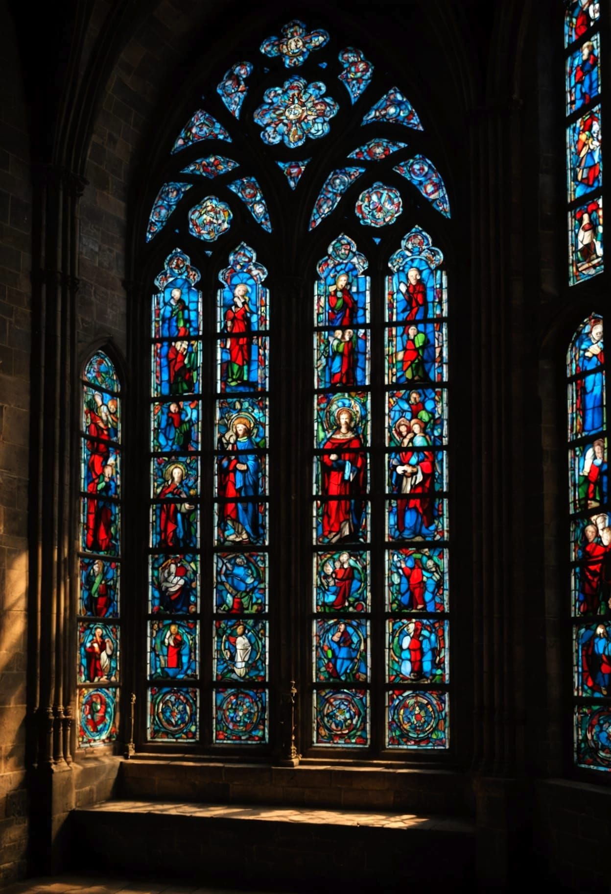 Dramatic Light Through Stained Glass in a Dark Cat... - AI Art