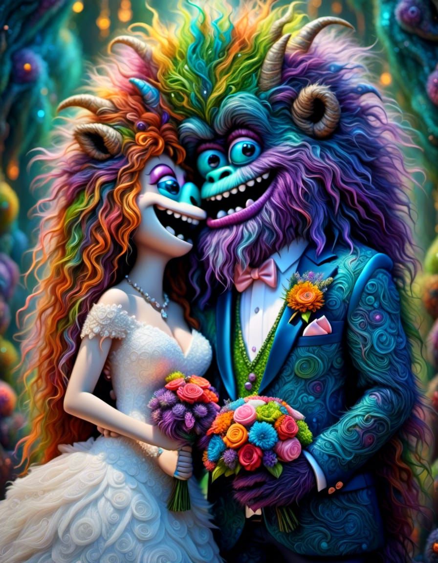 A Pair Of Cute Very Hairy Monsters Getting Married Furry Bride And Groom Monsters Soft Focus