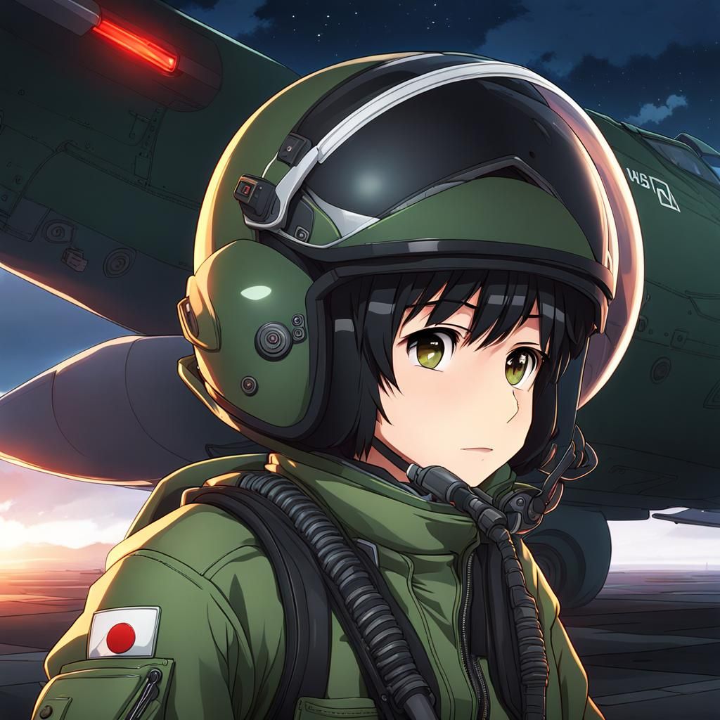 modern fighter pilot in green flight suit, outside, night, overcast ...