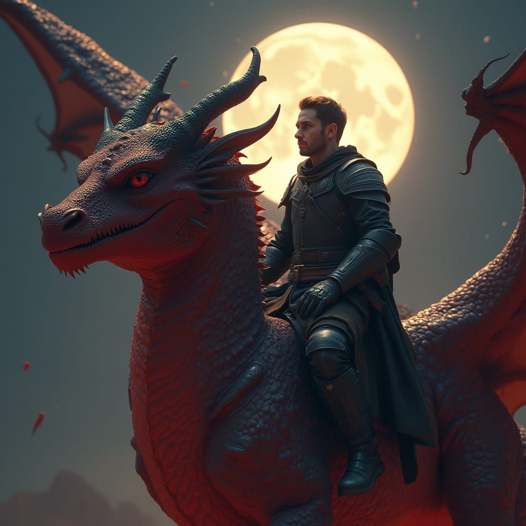 somthing - Ethereal Knight Rides Dragon Under Full Moon