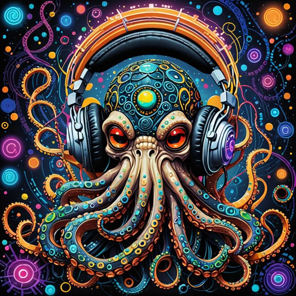 Binary Code Dream psychedelic octopus DJ headset mastering music laptop ...