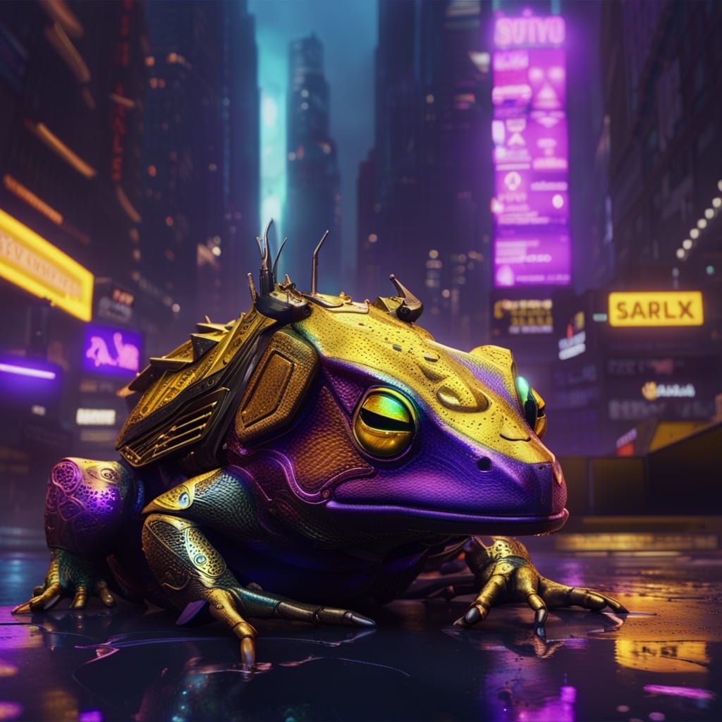 Bullfrog and moths cyberpunk in golden with nasdaq and wallstreet ...