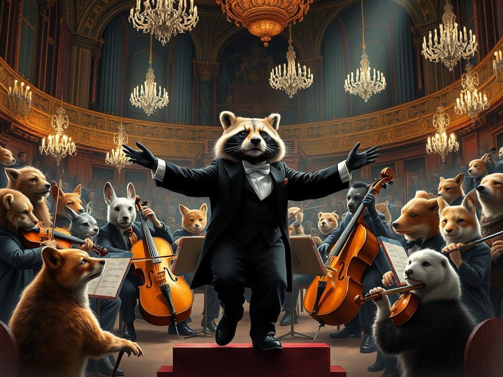 A symphony orchestra of animals performing at the dramatic climax of a ...