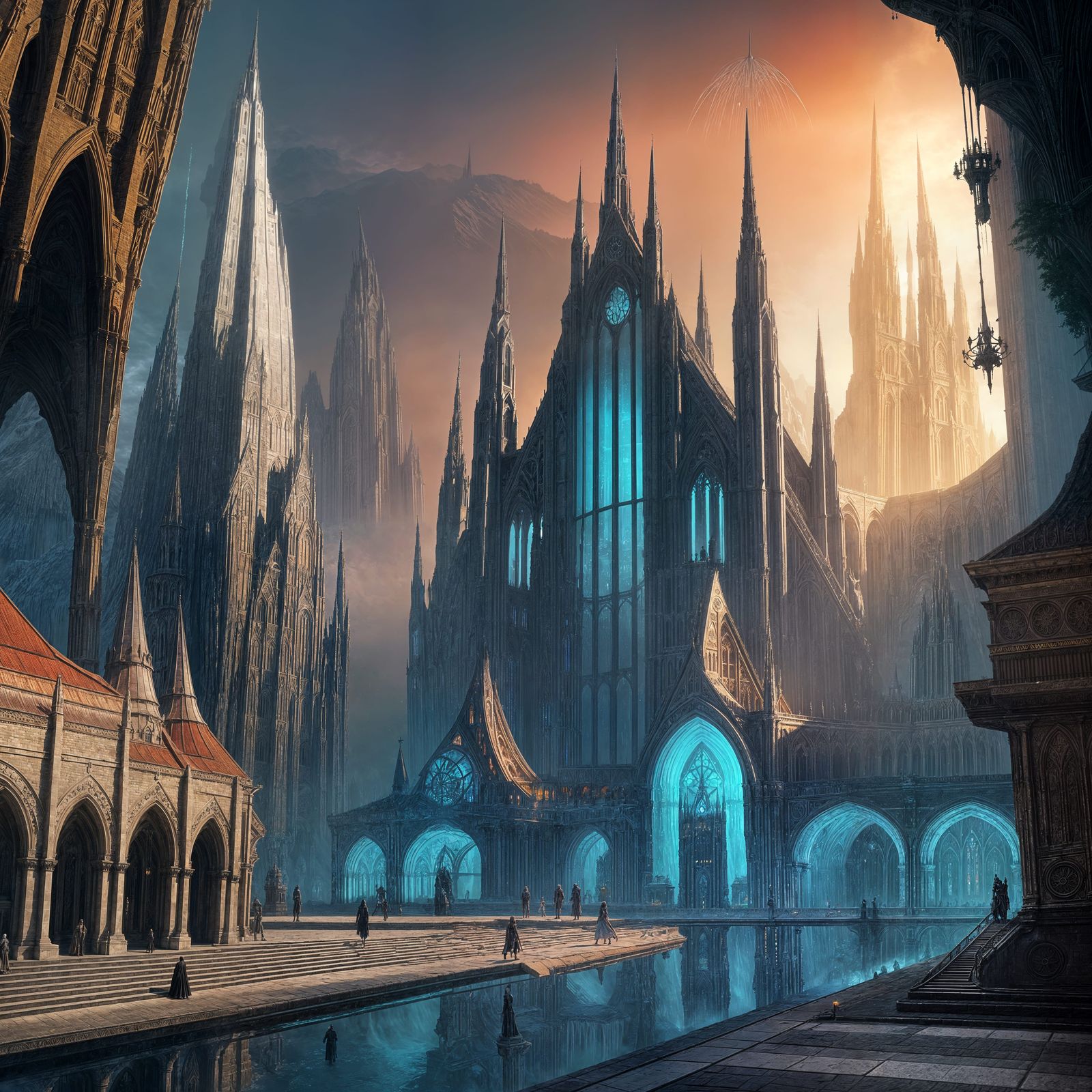 Cyberpunk Gothic Cathedral Amidst Cascading Waterf... - AI Art