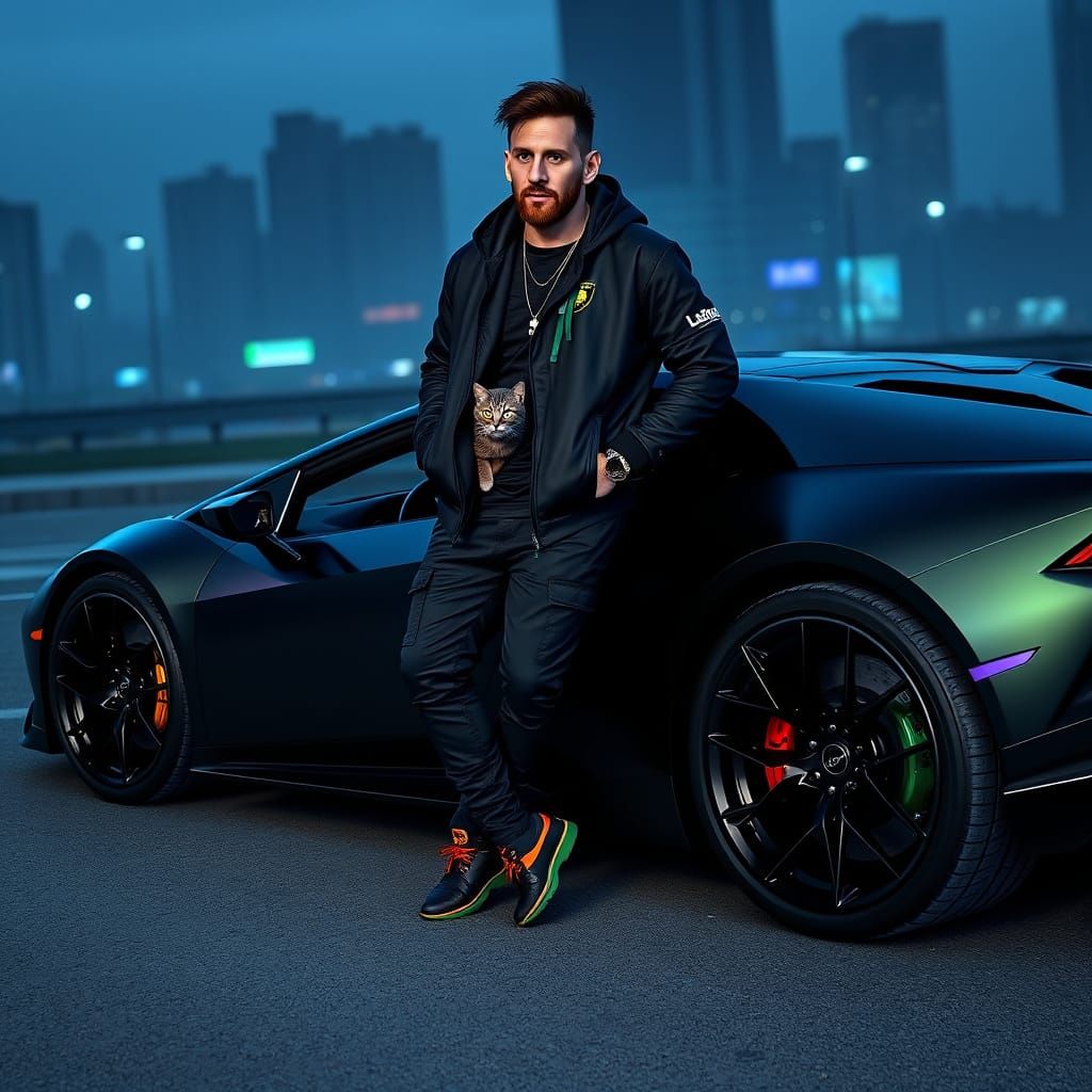 Lionel Messi in Futuristic Streetwear with Black a... - AI Art