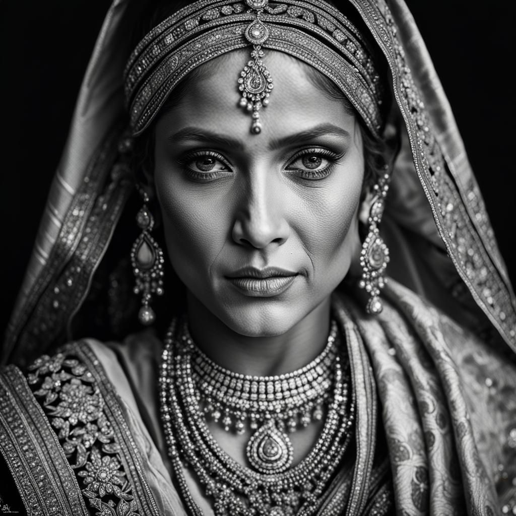 Jennifer Lopez in indian traditional saree black & white portrait ...