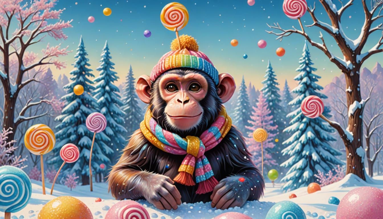 Vibrant Winter Wonderland with Whimsical Monkey Bu... - AI Art