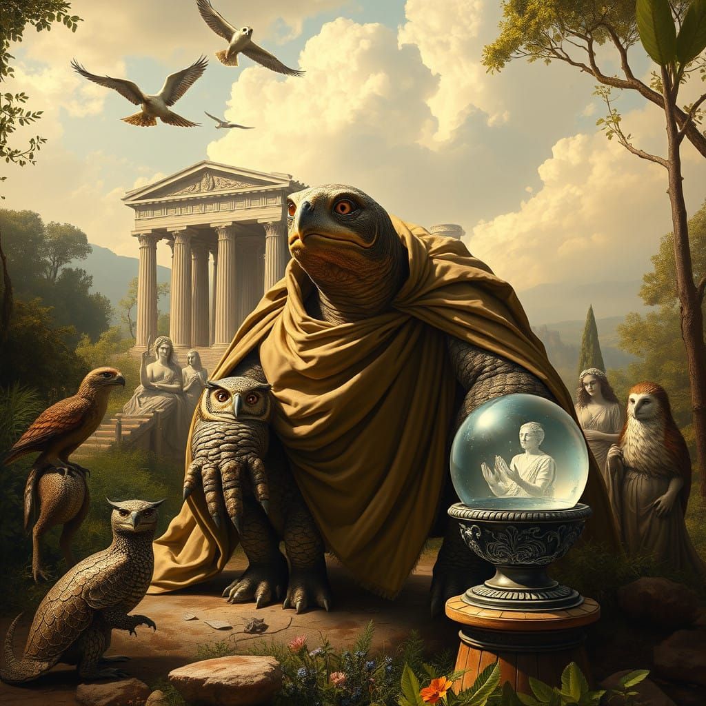 (Neoclassical & Mythological):** A wise old tortoise (🐢) with the power ...