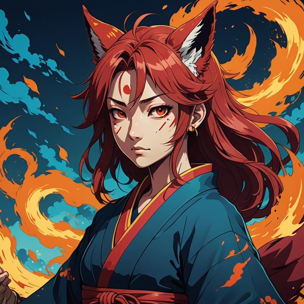 Mysterious Oni Kitsune Embodied by Dark Flame Spir... - AI Art
