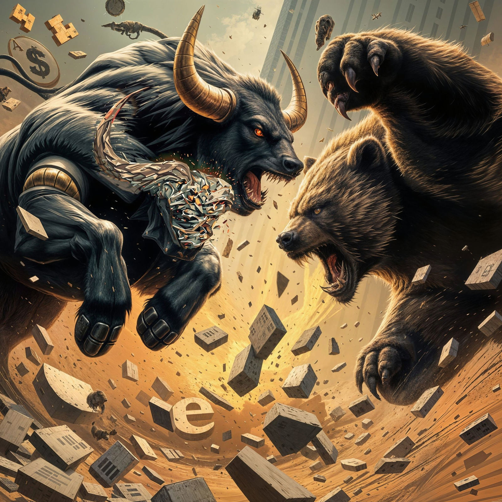 Raging Bull and Bear Mid-Air Collision - AI Art
