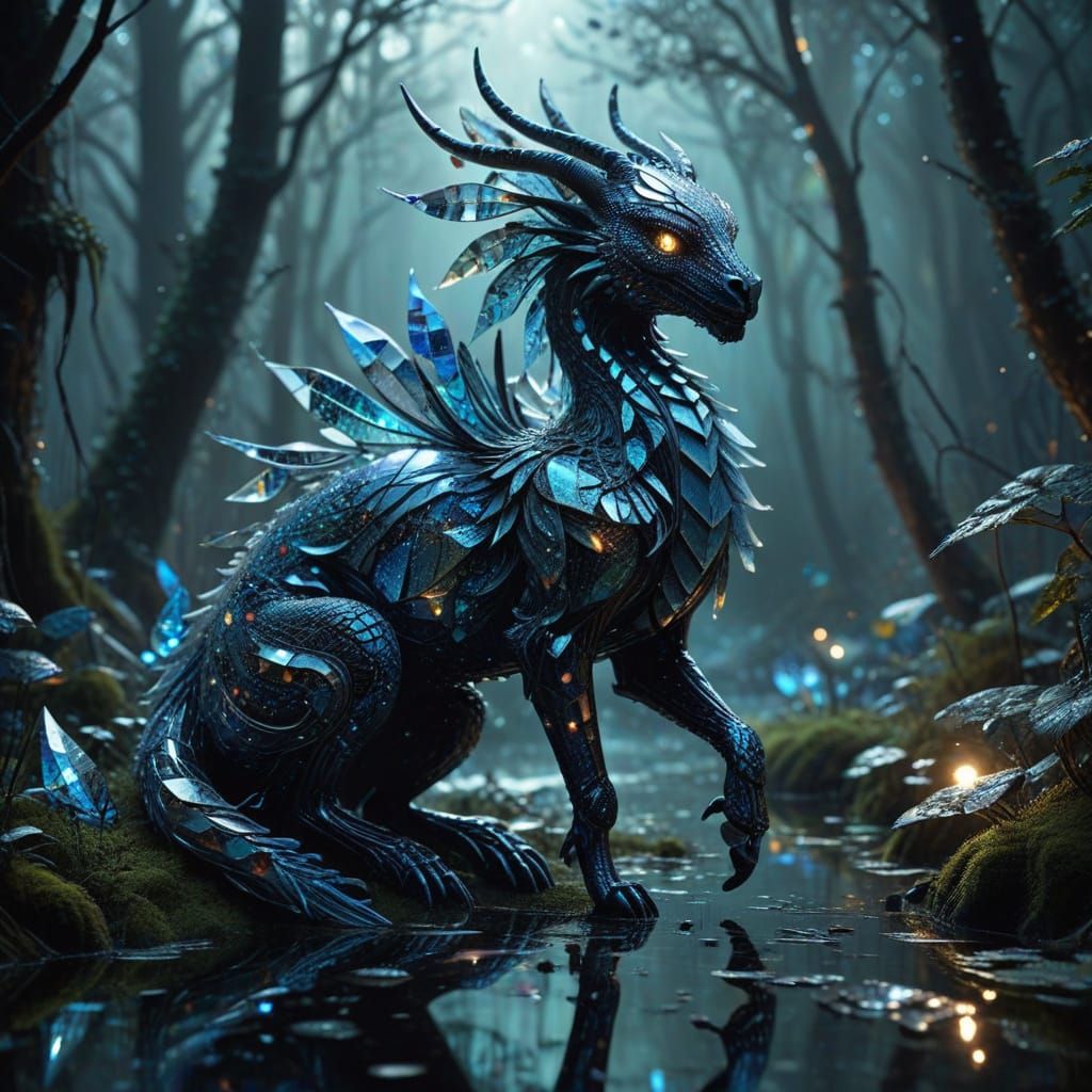 Mystical Glass Creature Emerge from Dark Forest - AI Art