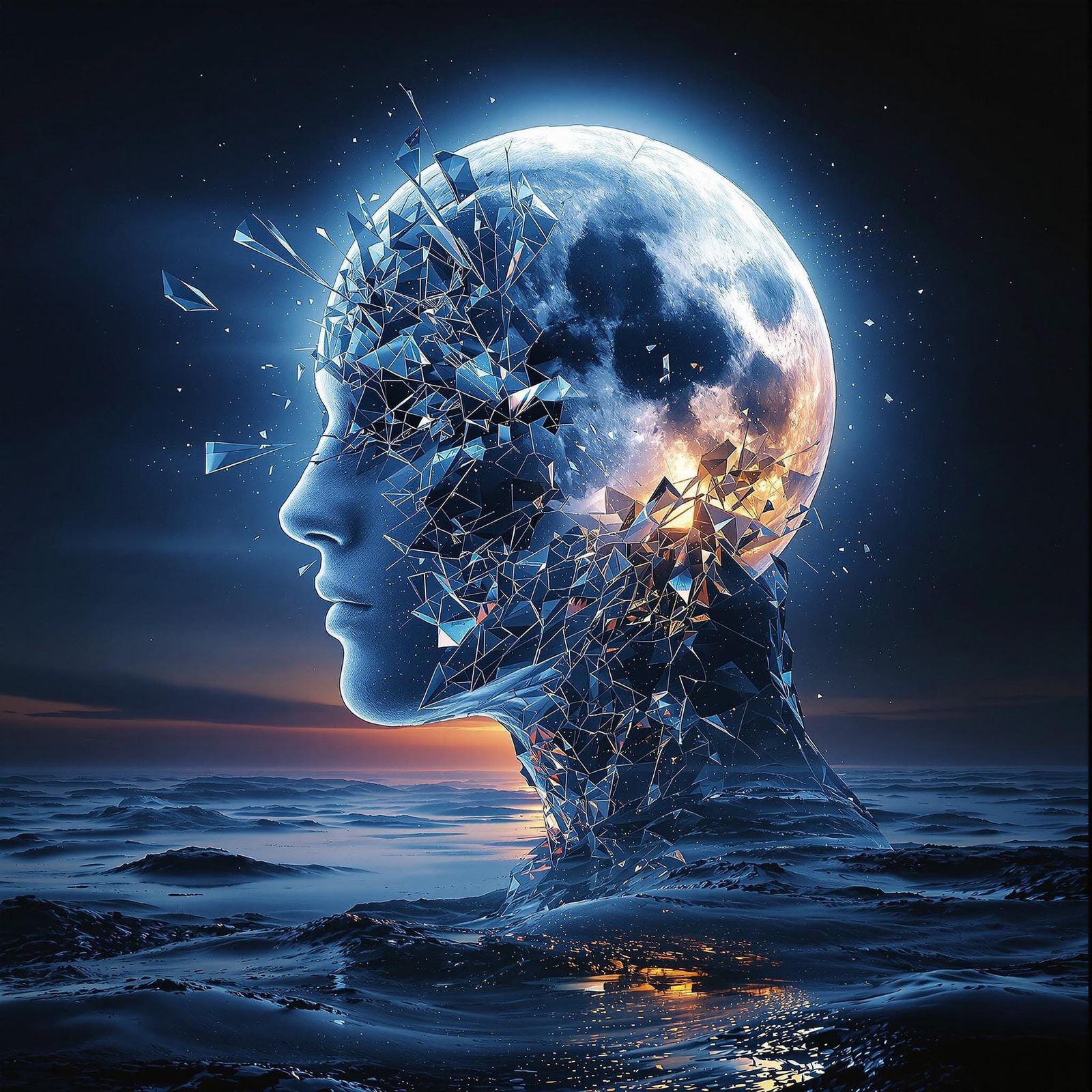 Luminous God's Face Rising in Shattered Crystal Mo... - AI Art