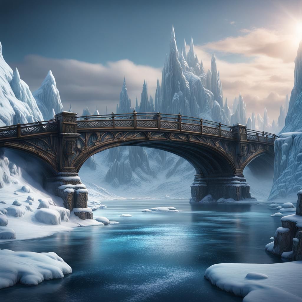bridge over frozen water; the icebound land - AI Generated Artwork ...