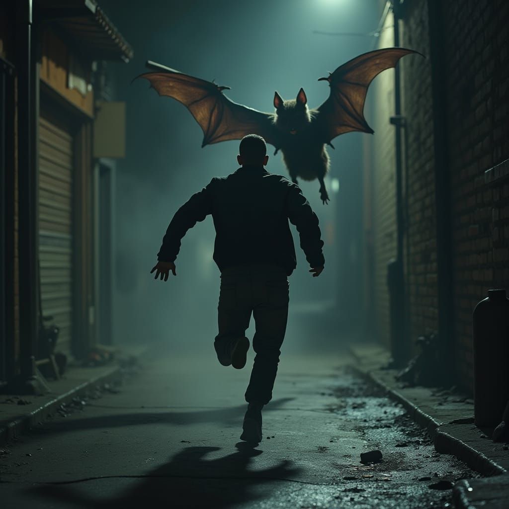 Chased by a Baseball Bat Wielding Bat in a Dark Al... - AI Art