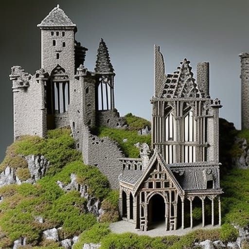 Ruins of a medieval castle, intricate beauty of miniature scenes ...
