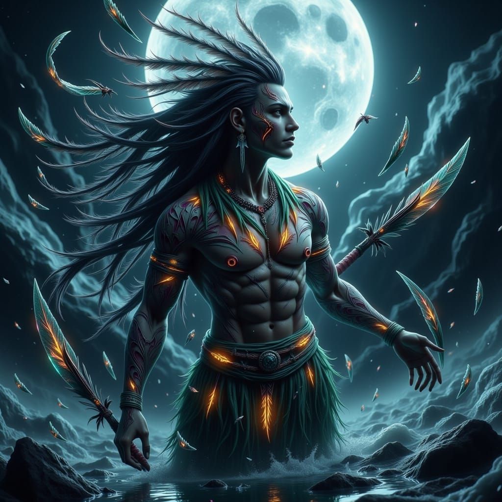 Ethereal Quetzalcóatl Figure Emerges from the Moon... - AI Art