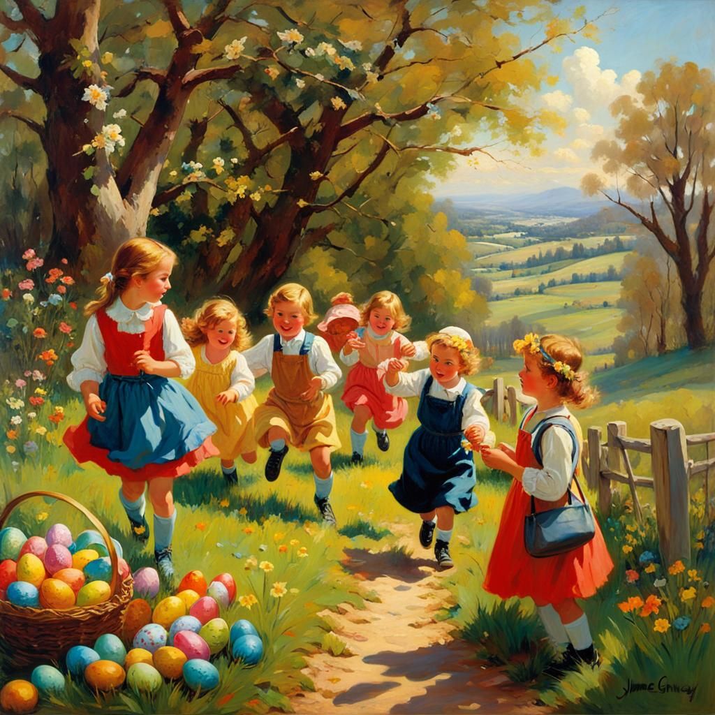 A beautiful vintage scene of a joyful Easter egg hunt - AI Generated ...