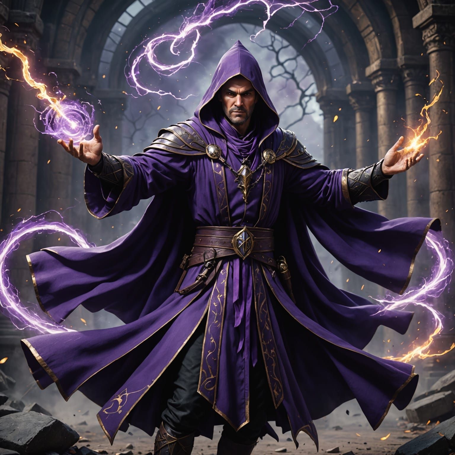 A male force wizard wearing purple robes with black trim casting a ...