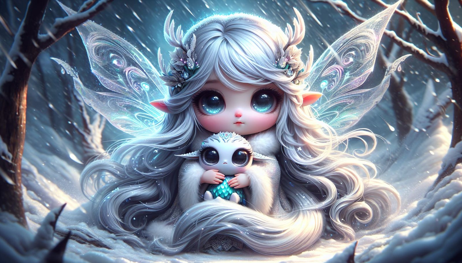 Whimsical Chibi Fairy Shields Unique Alien in Snow... - AI Art
