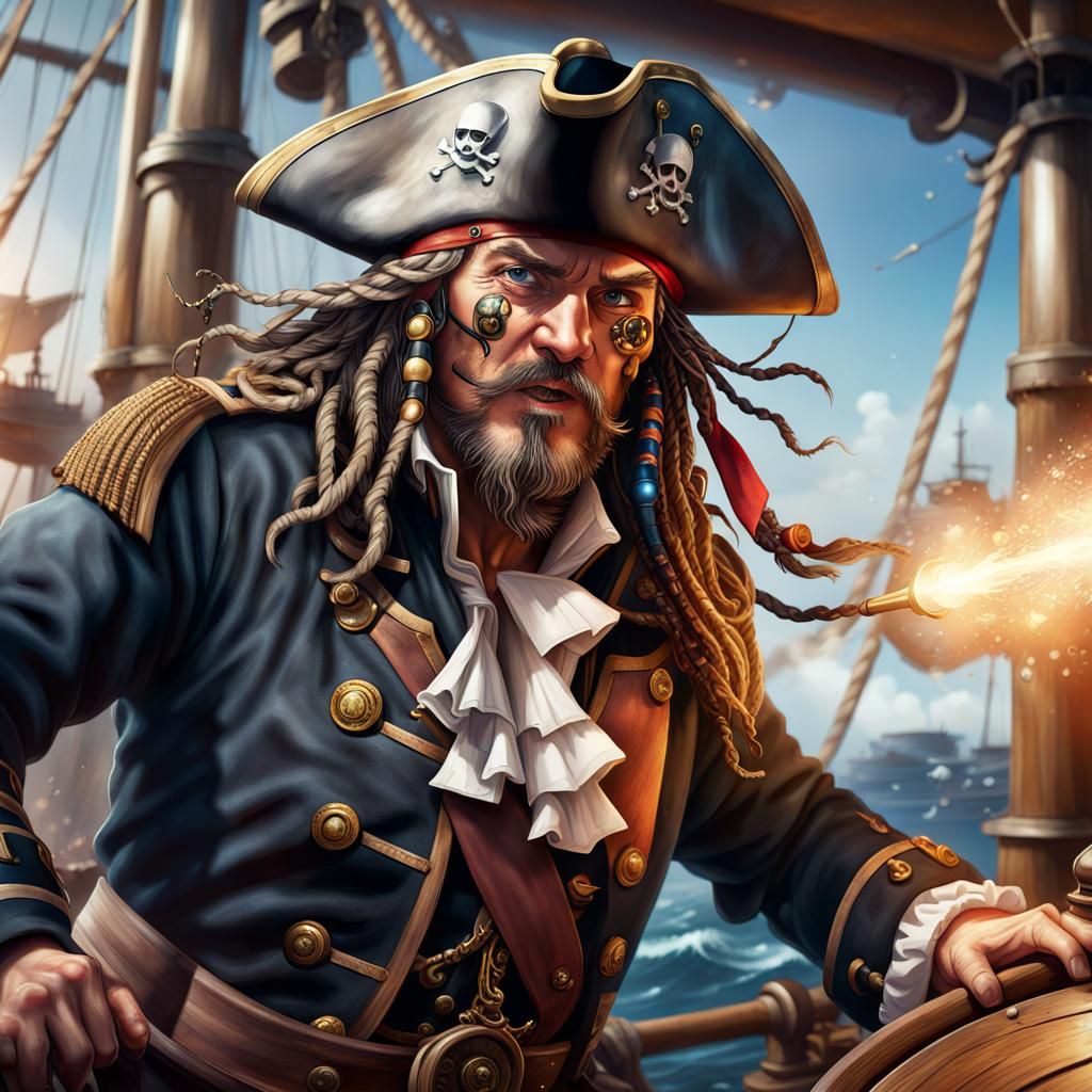 Pirate ship captain on the deck of his sailing ship cannons firing at ...