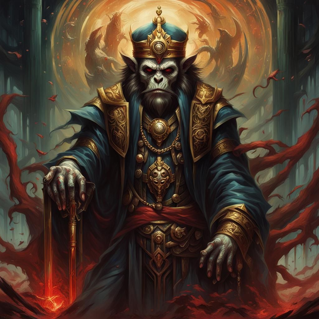 Dark Sinister Fantasy, vampire monkey pharaoh blood, gold, Peter Mohrbacher & Ryohei Hase ...