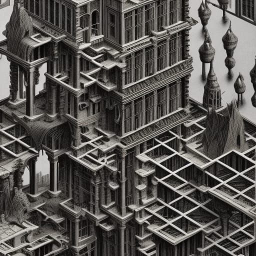 Strange street view with impossible architecture aspects, with stairs ...