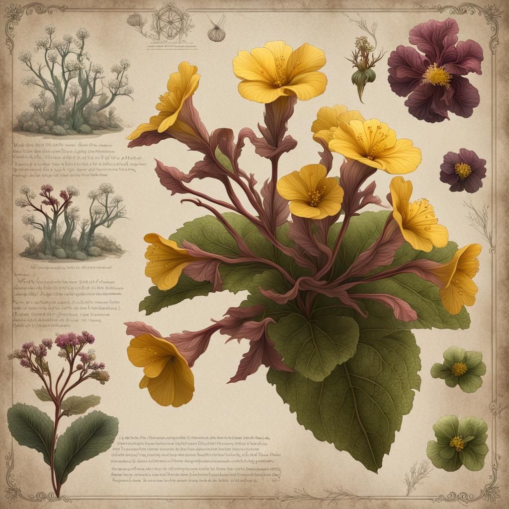 Primrose botanical art sheet on antique paper - AI Generated Artwork ...