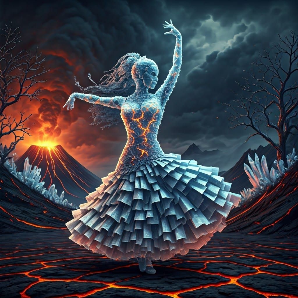 Flamenco dancer composed of 3D ice crystal cuboids