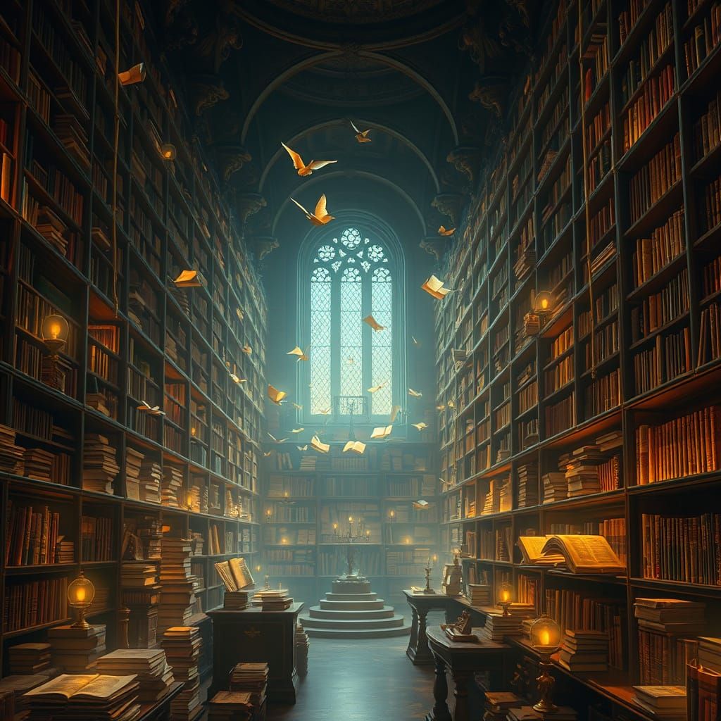 Ethereal Library with Levitating Books and Mindsca... - AI Art