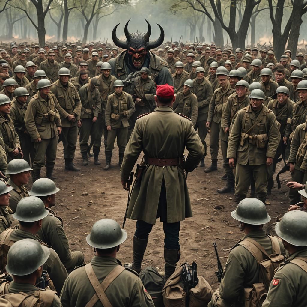 devil general seen from behind speaking to a platoon of soldiers - AI ...