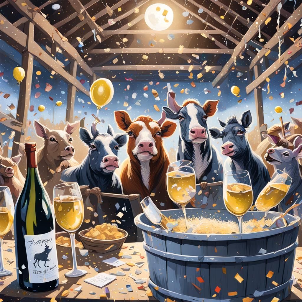 Animals in a barn celebrating New Years Eve, surrounded by confetti ...