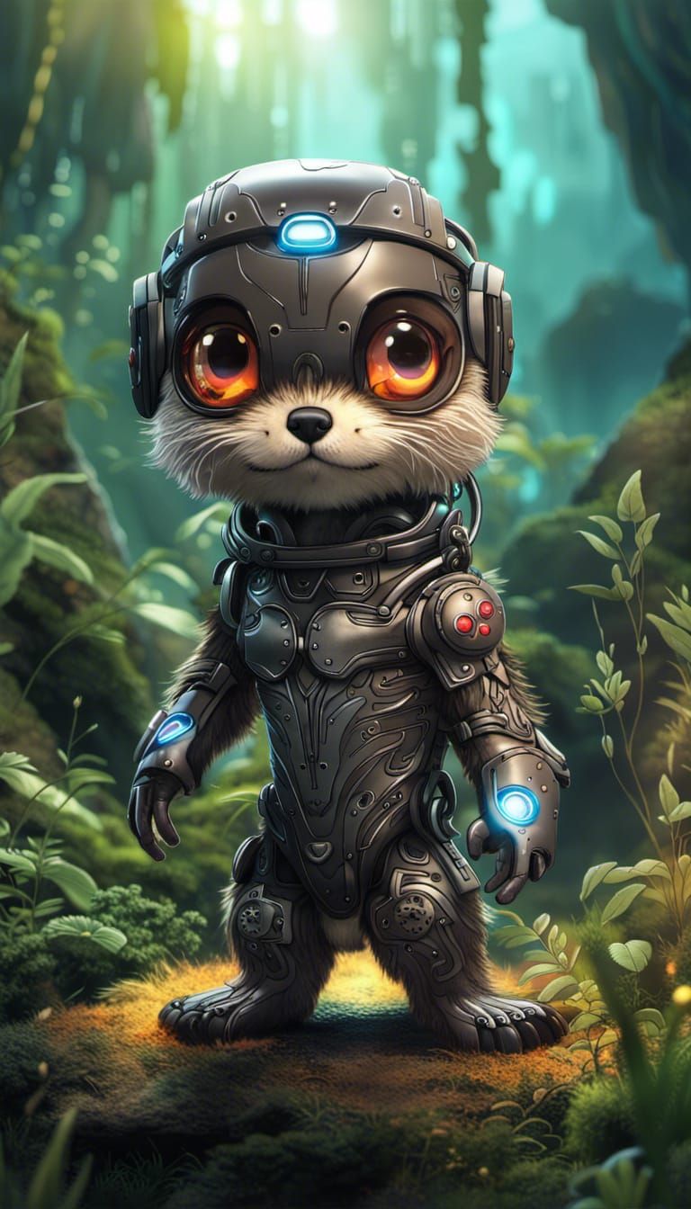 Super Cute Baby Chibi Terminator Otter cyborg, with Huge glowing eyes ...