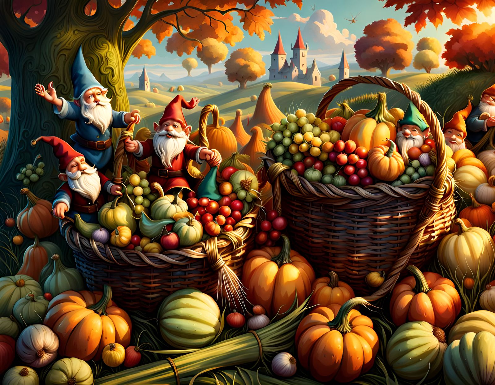 A harvest cornucopia teeming with mischievous gnomes, their tiny hands ...