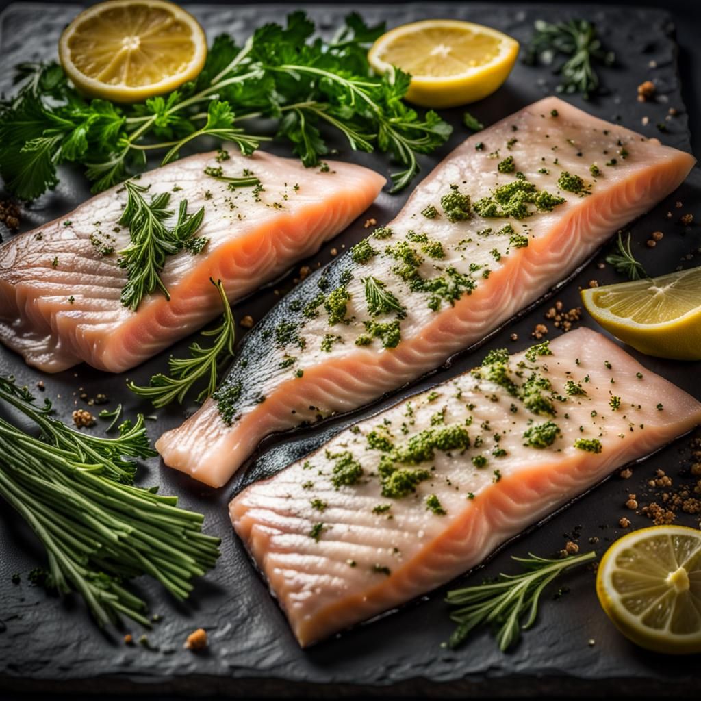 Cod fillets being prepared with fresh herbs and spices. intricate ...