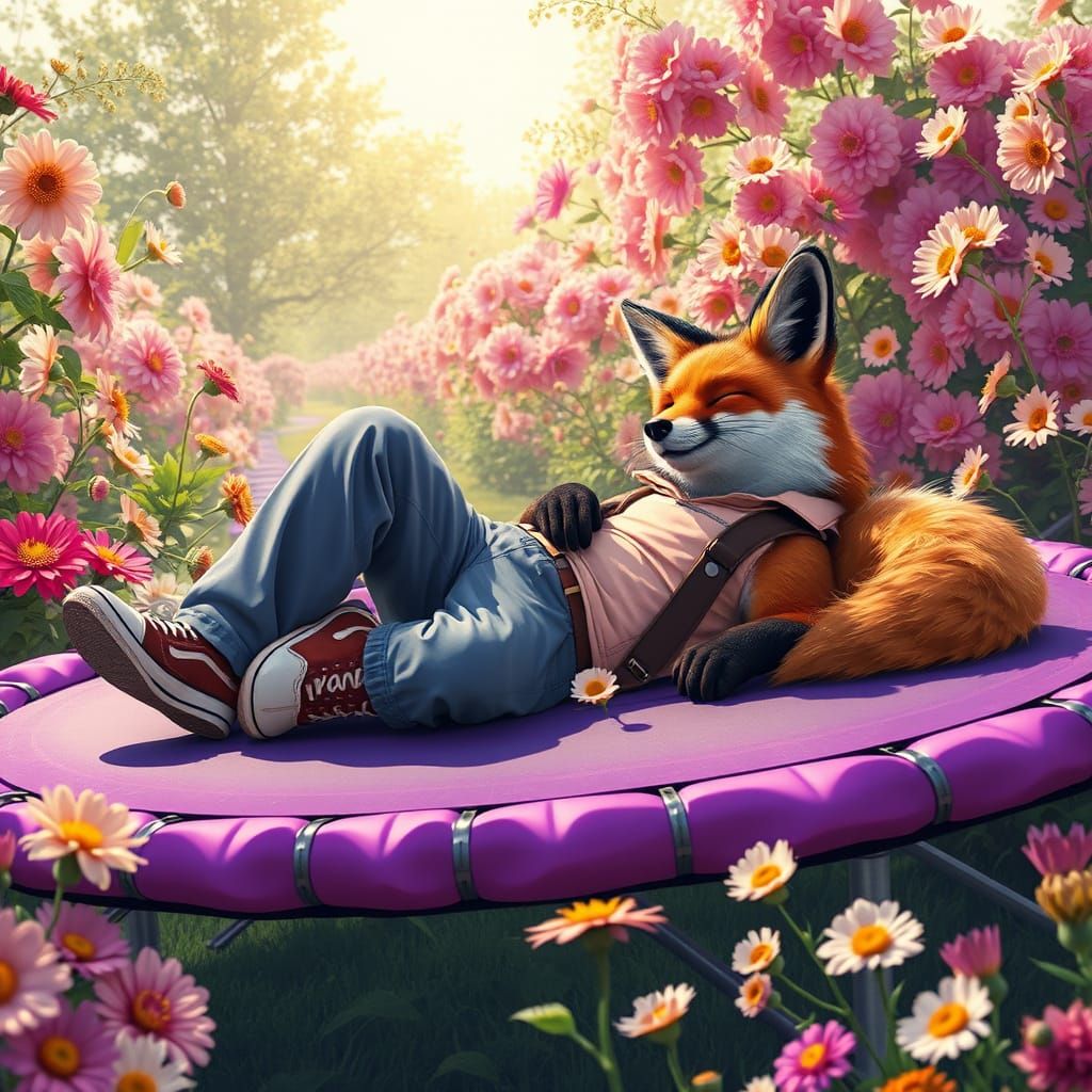 Suburban fox, "Nice of them to put a trampoline in their garden".